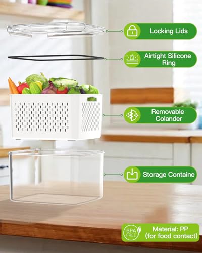 Tuuveeca 4 Pack Fruit Containers for Fridge,Stackable Refrigerator Organizer Bins with Removable Colander,Dishwasher & Microwave Safe Produce Containers Keep Fruits, Vegetables, Meat Fresh longer