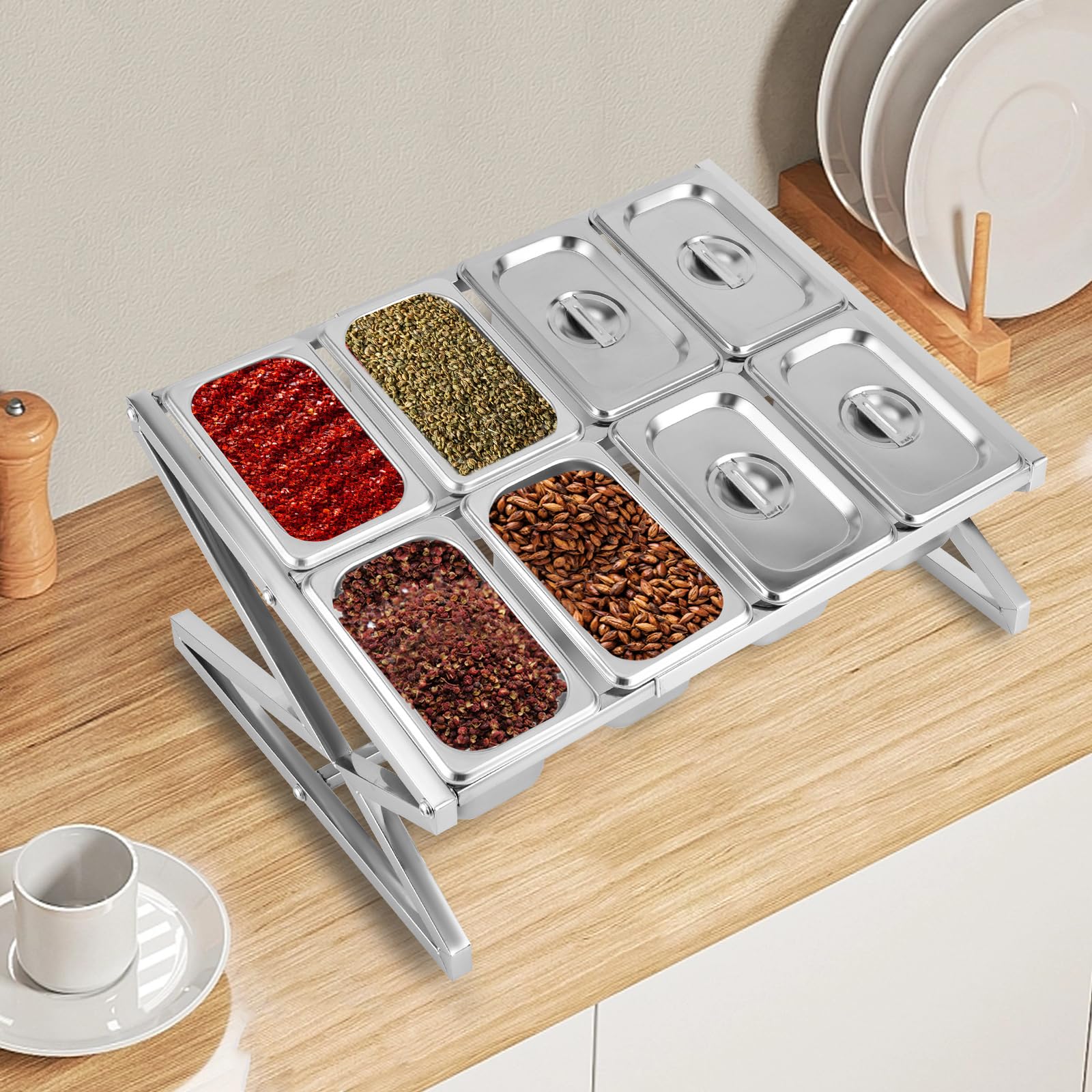 QUEMARQUE Pizza Topping Station, Double Layer Stainless Steel Seasoning Containers with Lids, 8 Compartment Trays Food Prep Station for Prepping Ingredients and Toppings