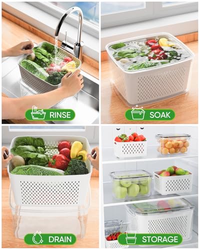 Tuuveeca 4 Pack Fruit Containers for Fridge,Stackable Refrigerator Organizer Bins with Removable Colander,Dishwasher & Microwave Safe Produce Containers Keep Fruits, Vegetables, Meat Fresh longer