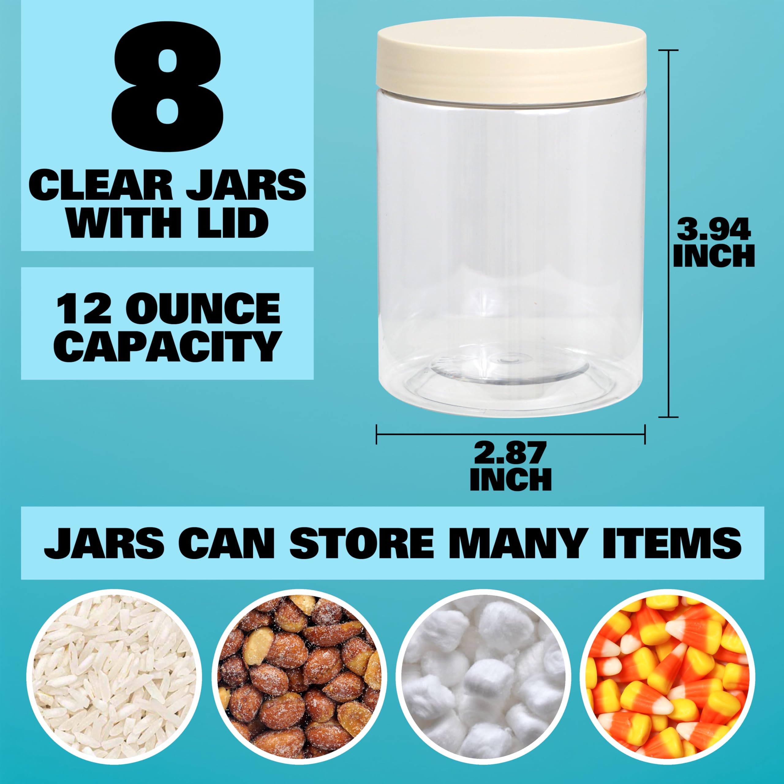 The Hampton Candy Company 8 Plastic Clear Storage Jars, 12 Ounce Jars with Lids, Beauty Products, Kitchen & Household Storage, BPA Free