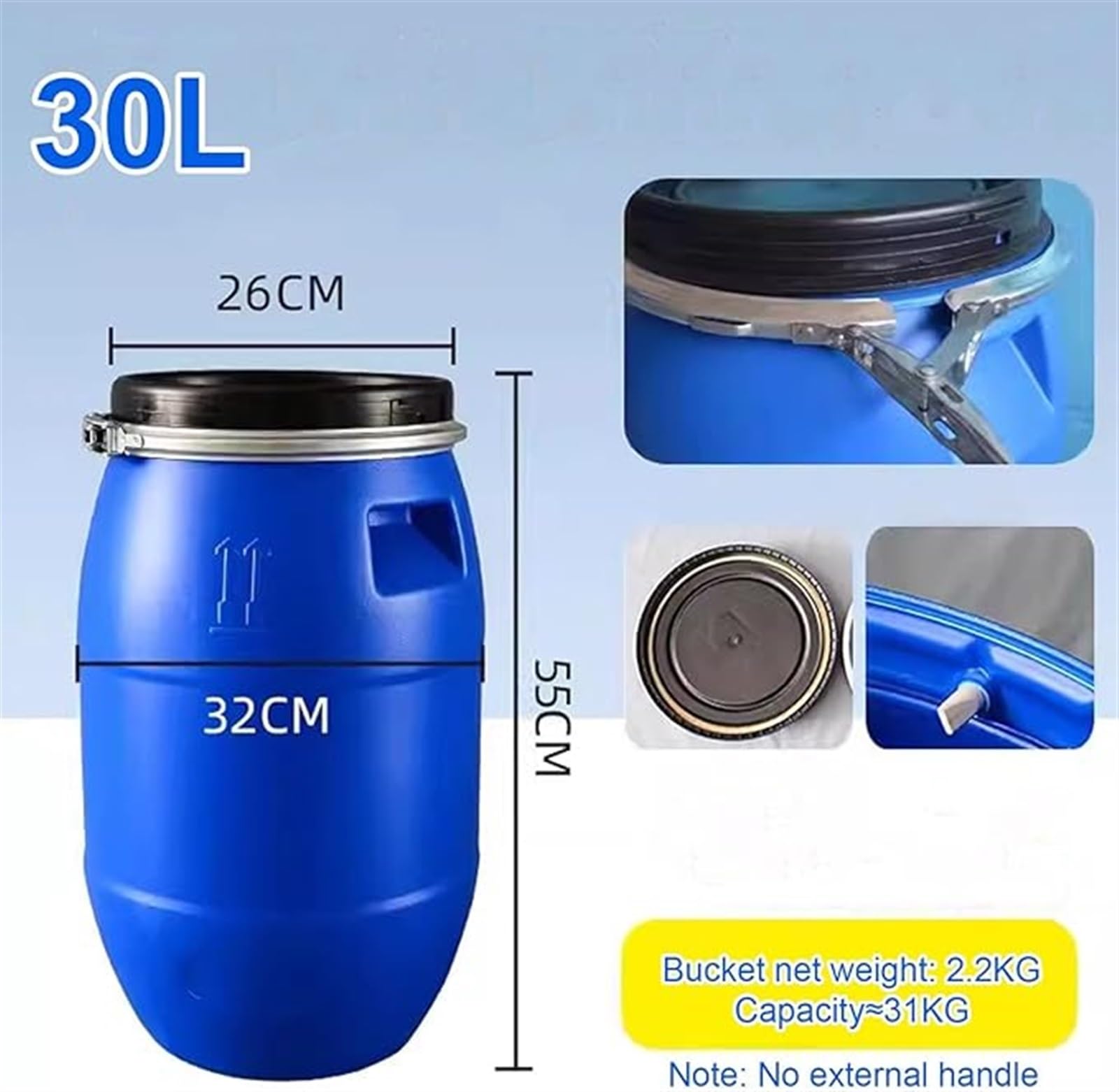 WAZHOU Large Plastic Blue Open Top Storage Barrel Drum Keg with Lid and Latch Ring, Food Grade for Shipping, Air Tight Industrial Storage Container(30L)