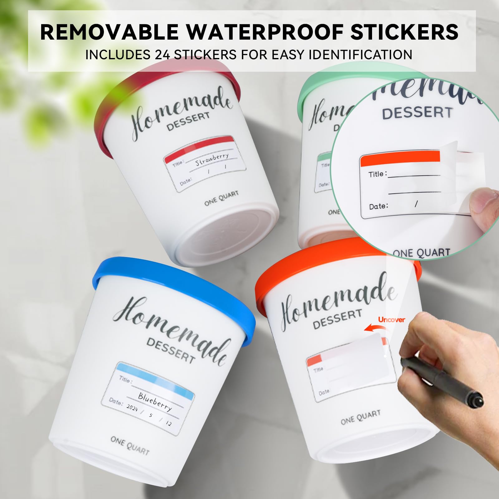 DIKENLAND Ice Cream Containers for Homemade, 4 Pack Ice Cream Containers Set 1 Quart Each, Reusable Ice Cream Storage Containers for Freezer with Silicone Lids, Stickers and Scoop