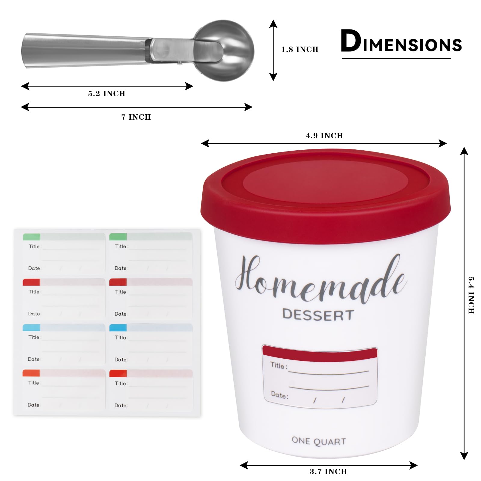 DIKENLAND Ice Cream Containers for Homemade, 4 Pack Ice Cream Containers Set 1 Quart Each, Reusable Ice Cream Storage Containers for Freezer with Silicone Lids, Stickers and Scoop