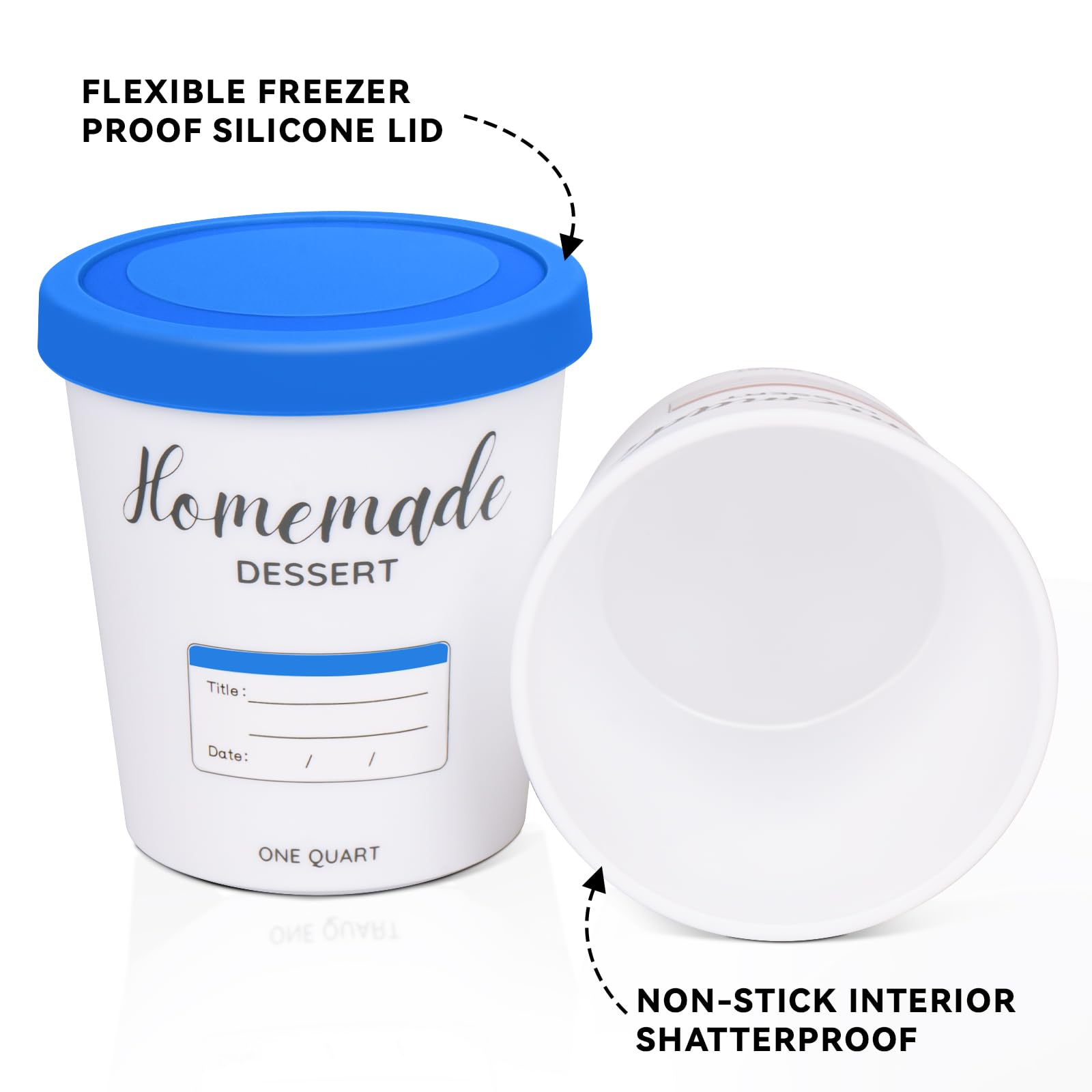 DIKENLAND Ice Cream Containers for Homemade, 4 Pack Ice Cream Containers Set 1 Quart Each, Reusable Ice Cream Storage Containers for Freezer with Silicone Lids, Stickers and Scoop