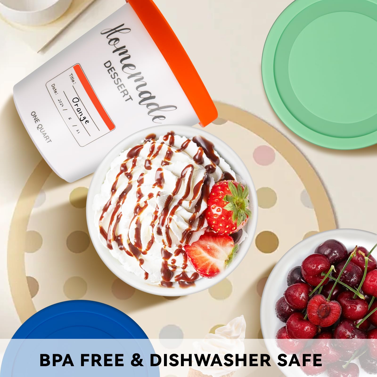 DIKENLAND Ice Cream Containers for Homemade, 4 Pack Ice Cream Containers Set 1 Quart Each, Reusable Ice Cream Storage Containers for Freezer with Silicone Lids, Stickers and Scoop