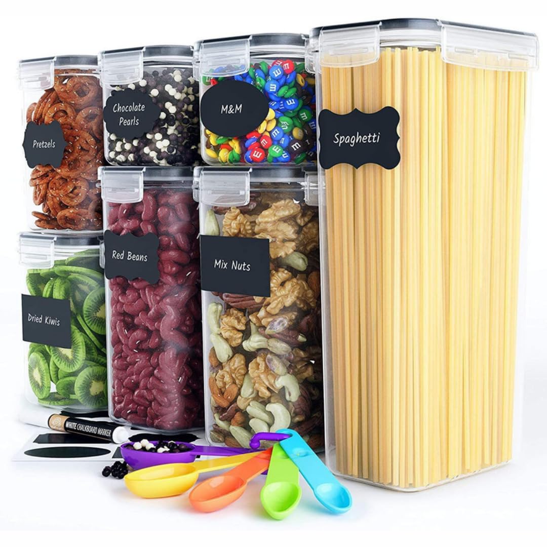 sengenegel 7 Pack BPA Free Airtight Dry Cereal Food Storage Containers Set for Sugar Flour Baking with Measuring Spoon Set and Sticker