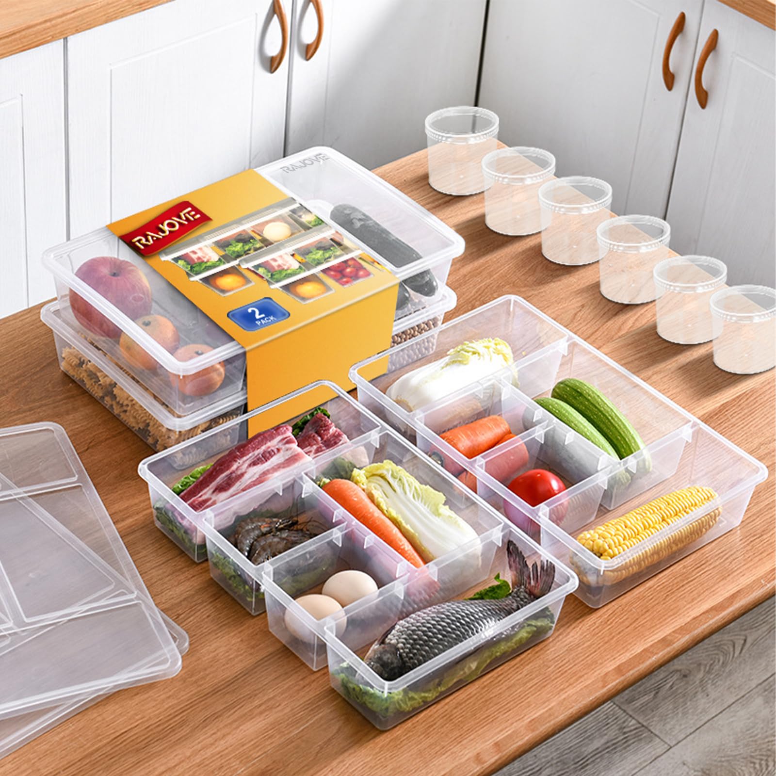 2 Pack Divided Serving Veggie Tray With Lid, 5 Compartment Snackle Box Container, Fruit Storage Containers for Fridge, Containers Stackable Produce Saver Snackle Box for Fruit,Vegetable,Salad,Meal