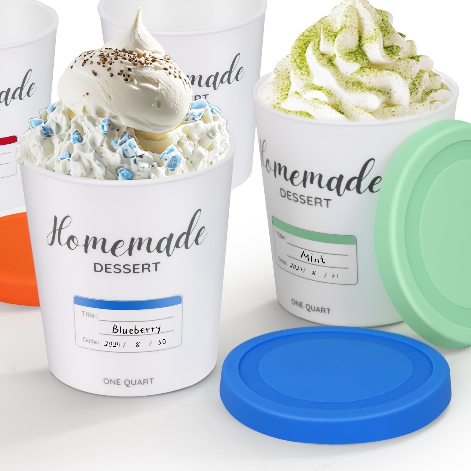 DIKENLAND Ice Cream Containers for Homemade, 4 Pack Ice Cream Containers Set 1 Quart Each, Reusable Ice Cream Storage Containers for Freezer with Silicone Lids, Stickers and Scoop