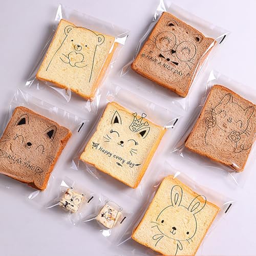 100 Pcs Cookie Packaging Bags, Animal Printing，Sliced Bread, Donut Packaging, Transparent Self-sealing Cellophane, OPP Packaging Bags, Gift Pack (5.9×7.1 inches 3 kinds of small animals)