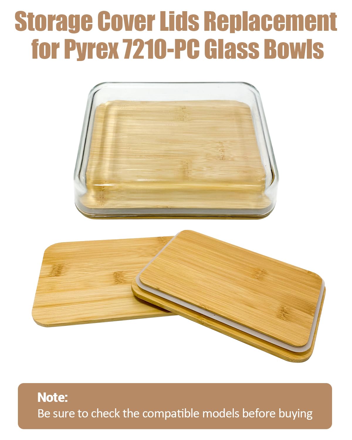 Wooden Food Storage Lids for Pyrex 7210-PC 3-Cup Rectangular Storage Cover Lids Replacement for Pyrex Container 7210-PC Glass Bowls -2 Pack (Container not Included)