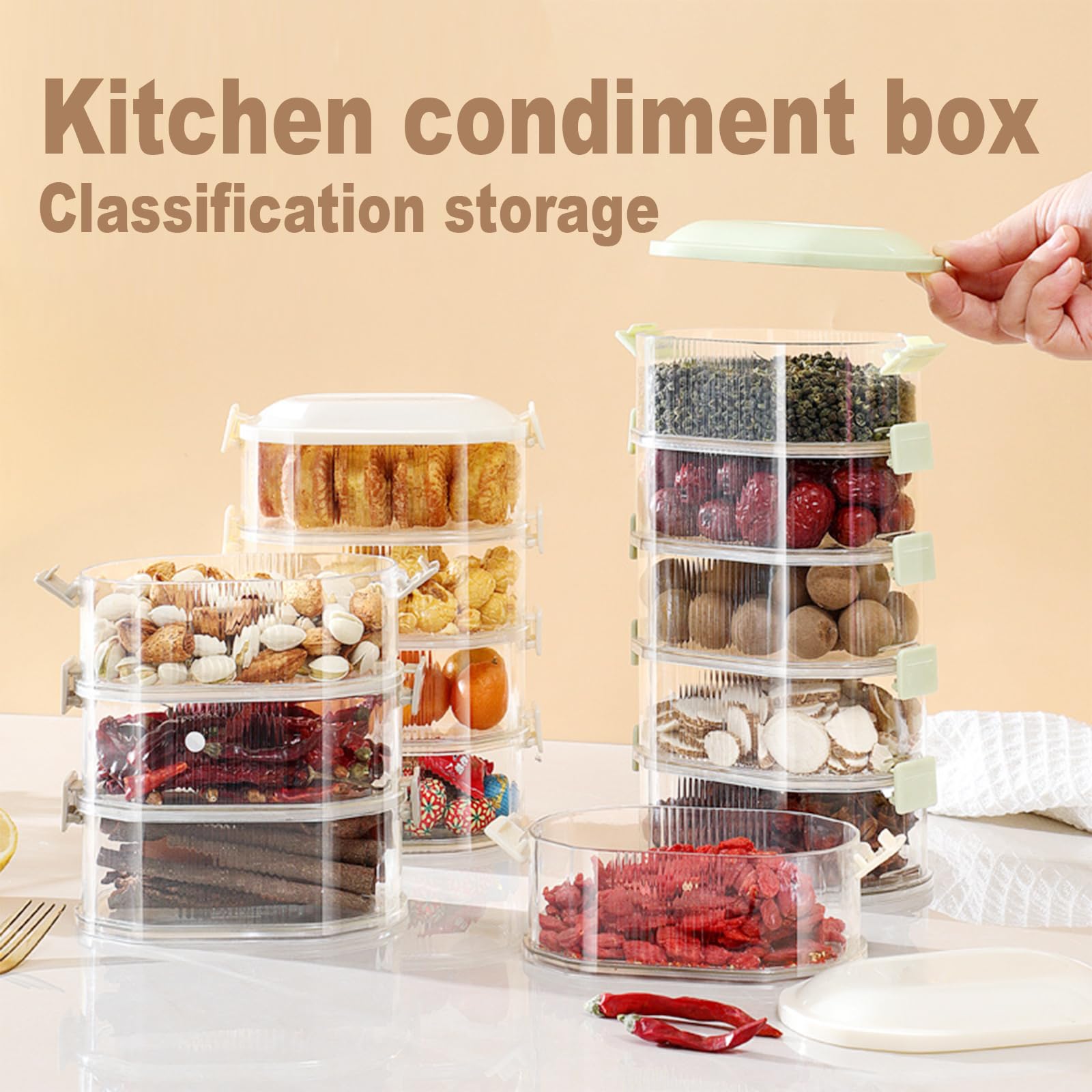 Upgrade Multi-layered Seasoning Storage Box, Food Storage Containers with Lids Airtight, Transparent Spice Seasoning Storage Box, Food Grade Storage Box for Fruits, Vegetables, Lunch (Grey, 5 Layers)