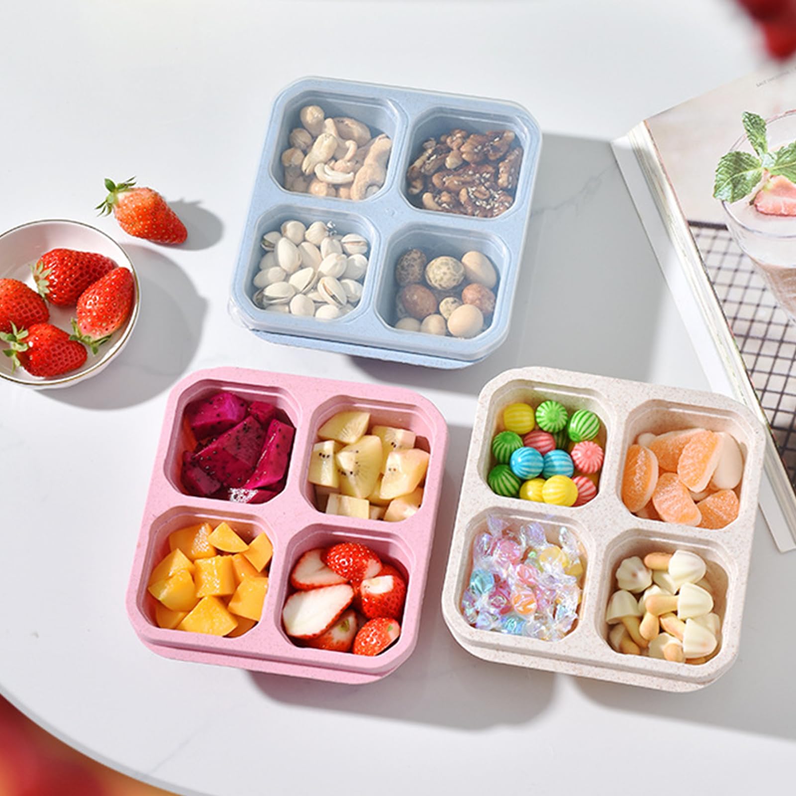 Guaber Multicolored Compartmental Food Storage Container, Reusable Meal Preparation, 4-Compartment Snacks Box, Plastic, Green, Flip Top, 16.5x15.5x5.5cm/6.49x6.10x2.16inch