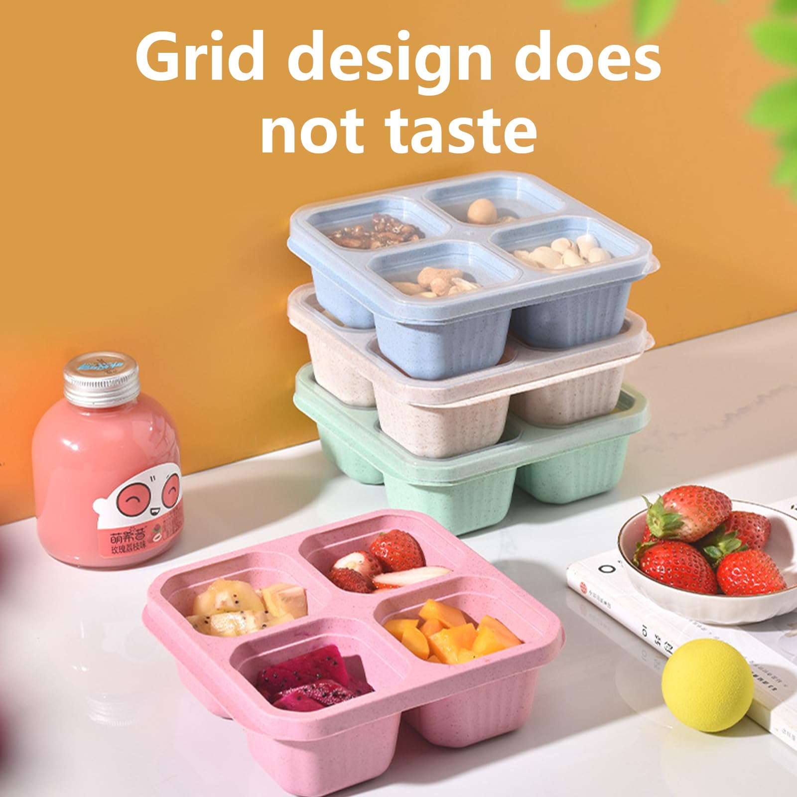 Guaber Multicolored Compartmental Food Storage Container, Reusable Meal Preparation, 4-Compartment Snacks Box, Plastic, Green, Flip Top, 16.5x15.5x5.5cm/6.49x6.10x2.16inch