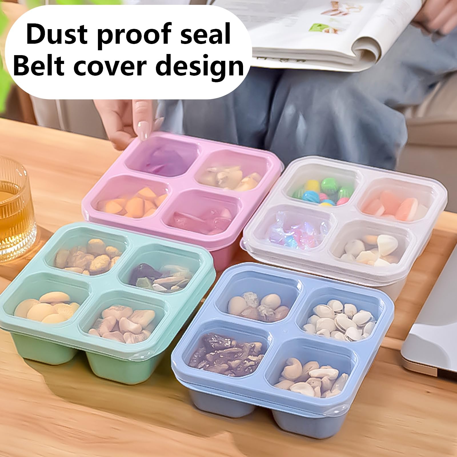 Guaber Multicolored Compartmental Food Storage Container, Reusable Meal Preparation, 4-Compartment Snacks Box, Plastic, Green, Flip Top, 16.5x15.5x5.5cm/6.49x6.10x2.16inch