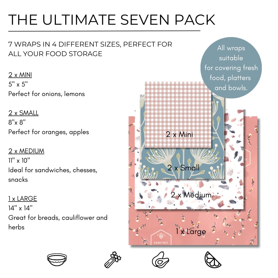 Honeybee Wrap Reusable Beeswax Wraps for Food | 7 Pack | Eco Friendly, Organic, Biodegradable, Plastic Free, Bee's Wrap for Reusable Bowl Covers and Food Storage | Reusable Cling Wrap | Australia Made