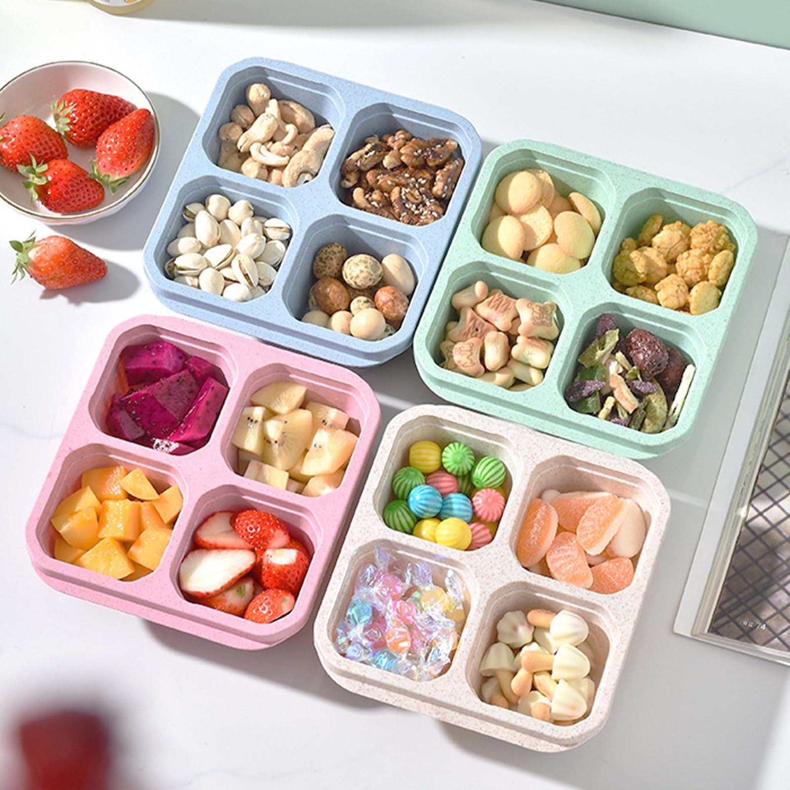 Guaber Multicolored Compartmental Food Storage Container, Reusable Meal Preparation, 4-Compartment Snacks Box, Plastic, Green, Flip Top, 16.5x15.5x5.5cm/6.49x6.10x2.16inch