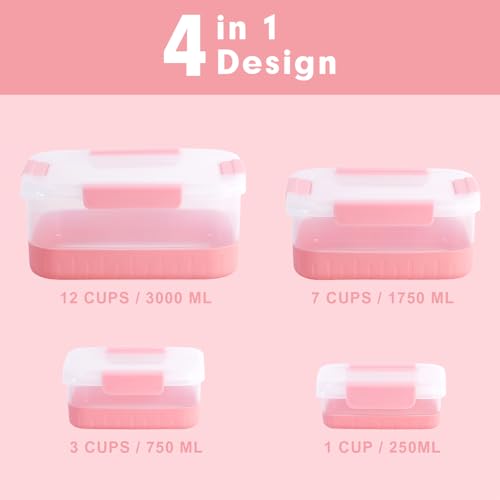 Plastic Food Storage Containers with Leakproof Locking Lids, Stackable Airtight Storage Containers for Pantry & Kitchen Organization, BPA-Free & Freezer Safe, Non-slip Base, Set of 4 Pieces, Pink