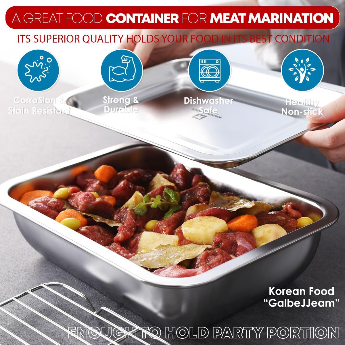Stainless Steel Food Prep Container with Rack & Lid (Tray), 2.4Quarts, Catering Pans, Restaurant Pans, Buffet Party Pan, Roasting Pan with Rack, Bakeware Roaster, Oven Casserole (1305 / No5)