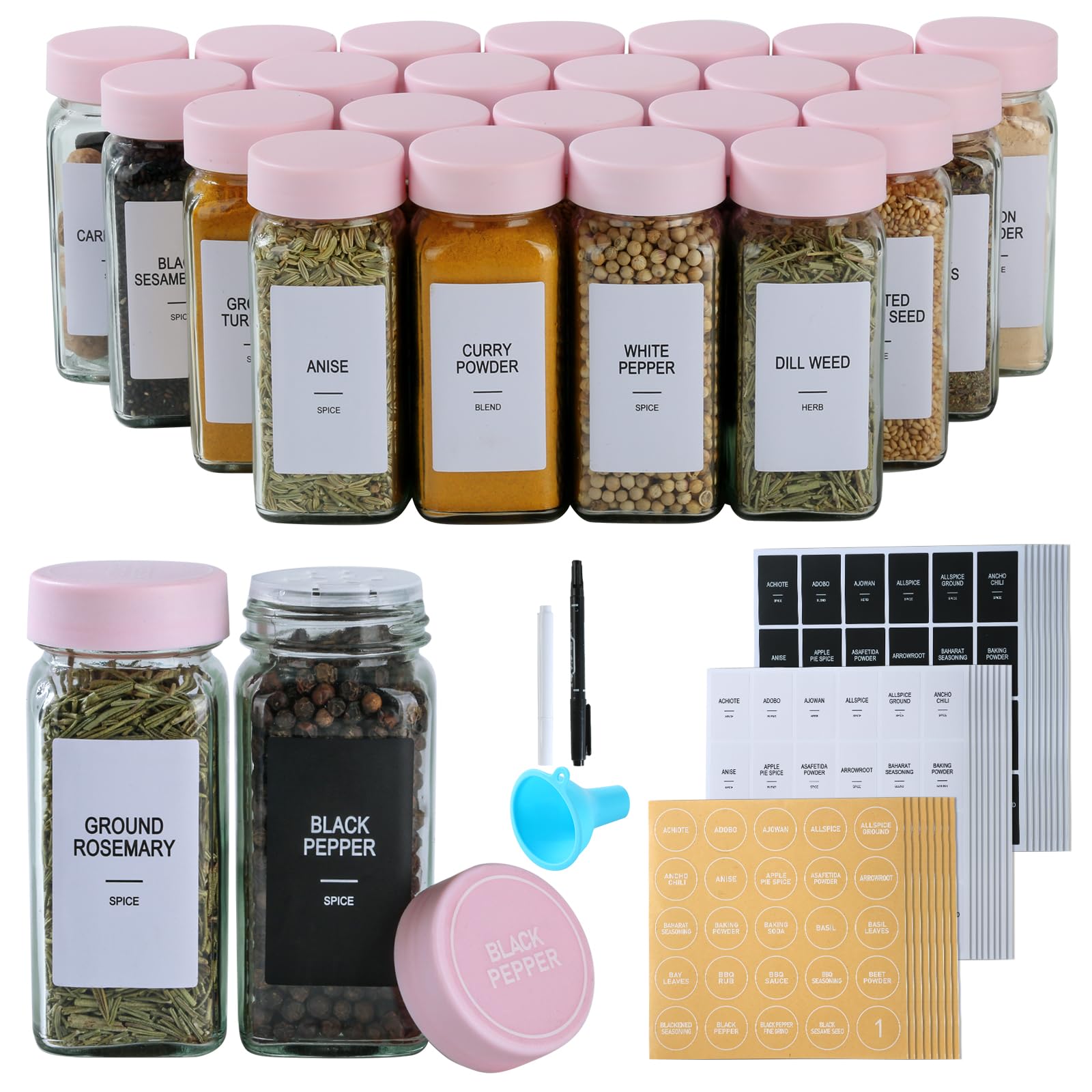 GMAMXD 24 Glass Spice Jars with Labels,Spice Jar Set,4oz Seasoning Containers,Spice Containers with Pink Airtight Lids and Shaker Lids,Square Empty Spice Bottles, 492 Labels,2 Marker Pens,1 Funnel