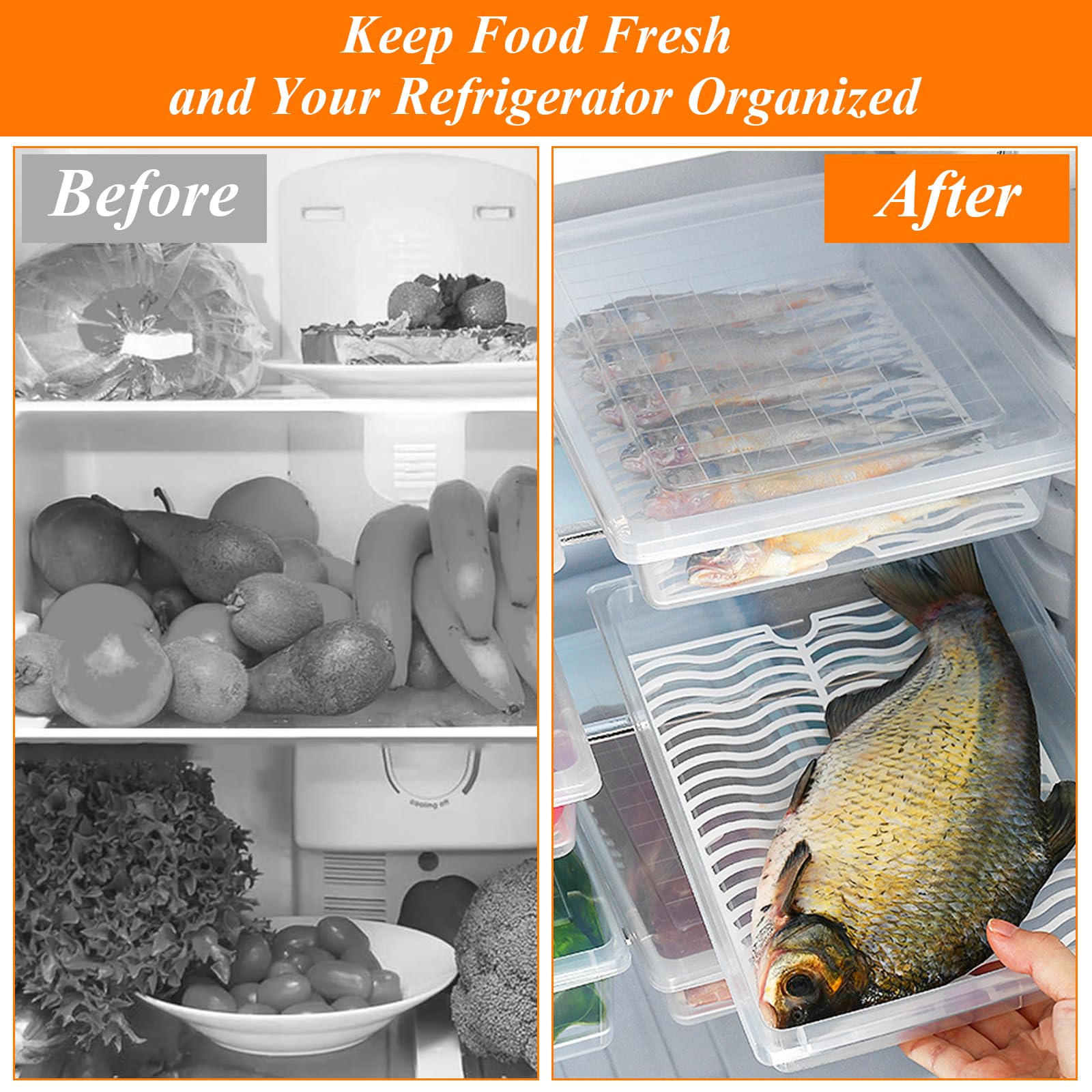 MUXHEL 8 Pcs Food Storage Container for Fridge, X-Large Fruit Storage Containers for Fridge with Lid and Removable Drain Plate, Plastic Freezer Storage Containers for Storing Fruits, Vegetables, Meat