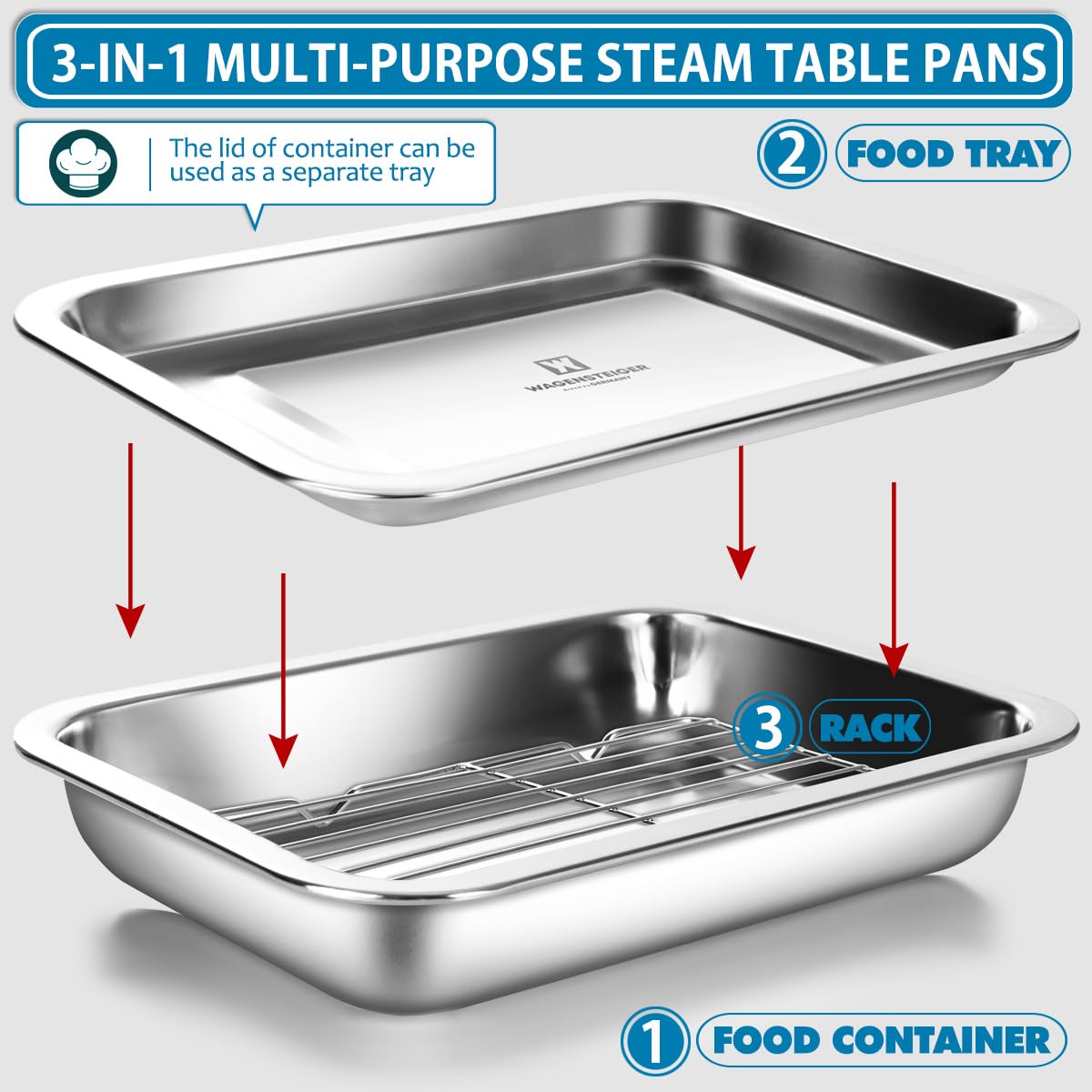 Stainless Steel Food Prep Container with Rack & Lid (Tray), 2.4Quarts, Catering Pans, Restaurant Pans, Buffet Party Pan, Roasting Pan with Rack, Bakeware Roaster, Oven Casserole (1305 / No5)