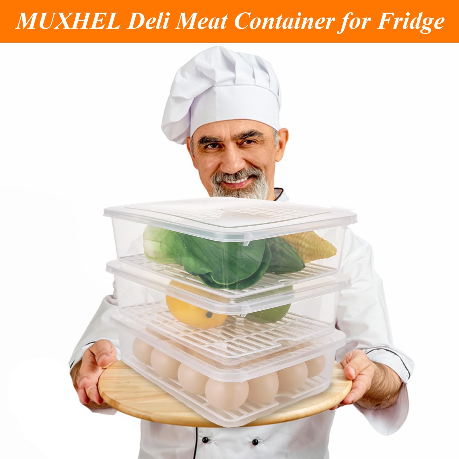 MUXHEL 8 Pcs Food Storage Container for Fridge, X-Large Fruit Storage Containers for Fridge with Lid and Removable Drain Plate, Plastic Freezer Storage Containers for Storing Fruits, Vegetables, Meat