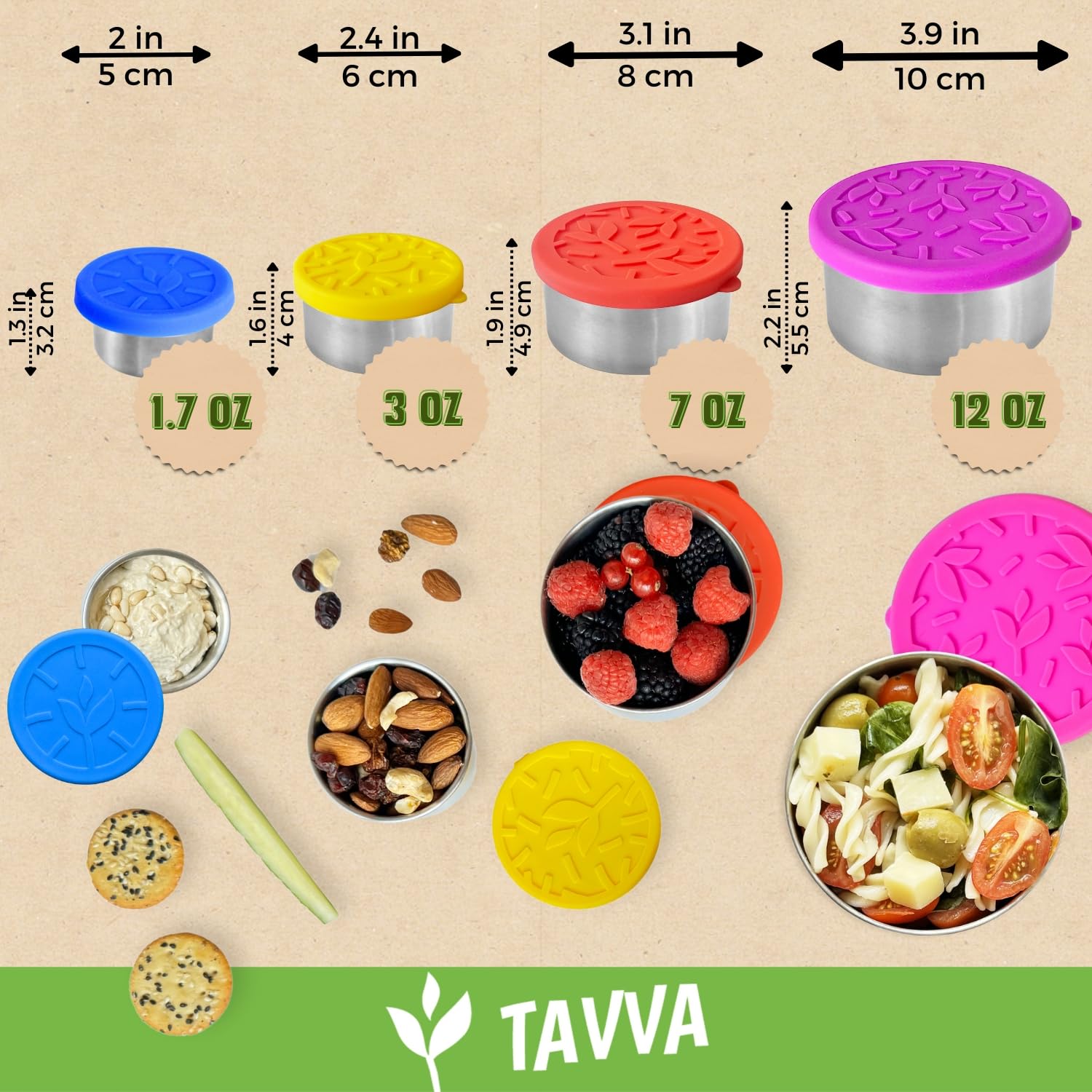 TAVVA 2 X 12 oz Stainless Steel Snack Containers with Lids - Stainless Steel Food Containers 12 oz