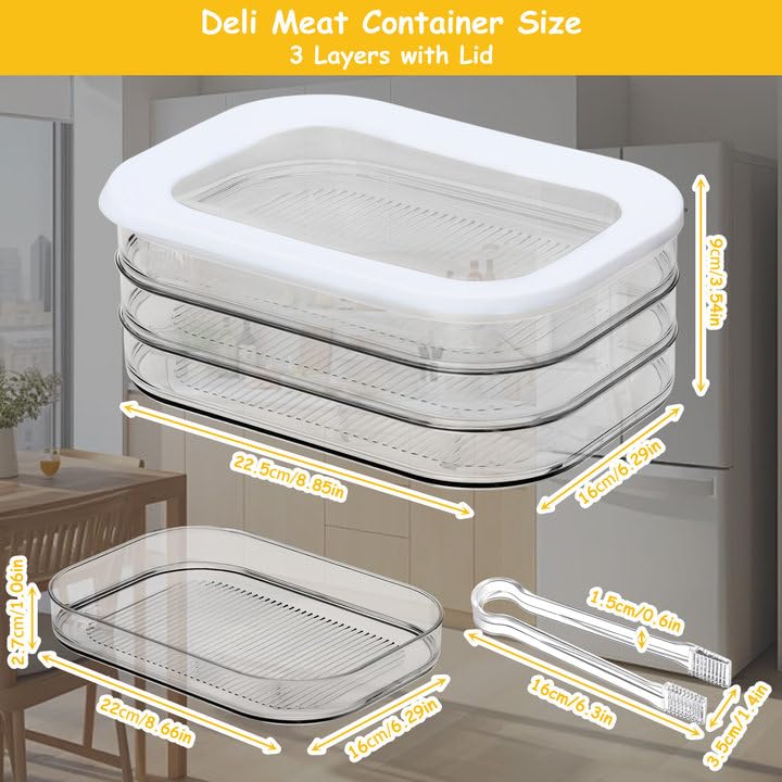 TOWEBOORY 3 Pcs Deli Meat Container for Fridge,Stackable Bacon Lunch Meat Container for Refrigerator,Food Storage Boxes with Lid for Cold Cuts, Salami,for Fridge Airtight Deli Holder