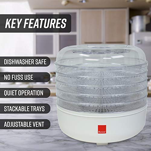 Ronco for Beef, Turkey, Chicken, Fish Jerky, Fruits, Vegetables 5-Tray Dehydrator, Food Preserver Quiet & Easy Operation, Classic White