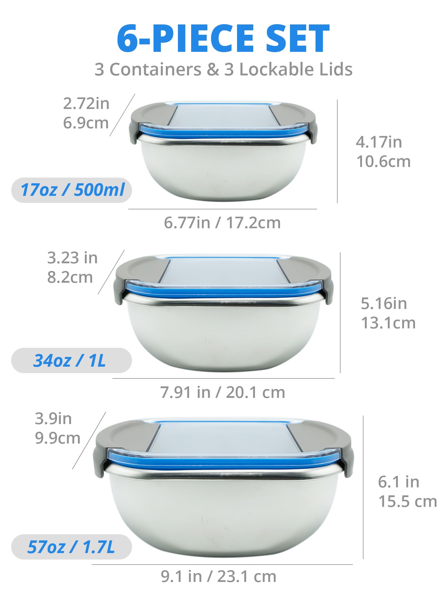 Lunememo Nest Stainless Steel Food Storage Containers, Airtight Metal Lunch Box Set with Lockable Leakproof Lids, BPA Free, 6-Piece