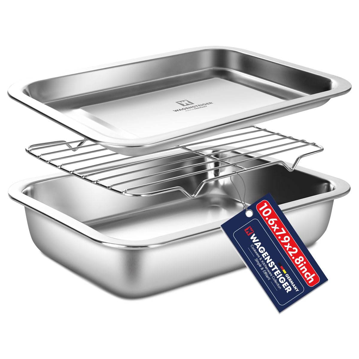 Stainless Steel Food Prep Container with Rack & Lid (Tray), 2.4Quarts, Catering Pans, Restaurant Pans, Buffet Party Pan, Roasting Pan with Rack, Bakeware Roaster, Oven Casserole (1305 / No5)