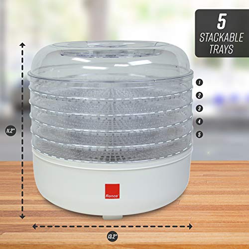 Ronco for Beef, Turkey, Chicken, Fish Jerky, Fruits, Vegetables 5-Tray Dehydrator, Food Preserver Quiet & Easy Operation, Classic White