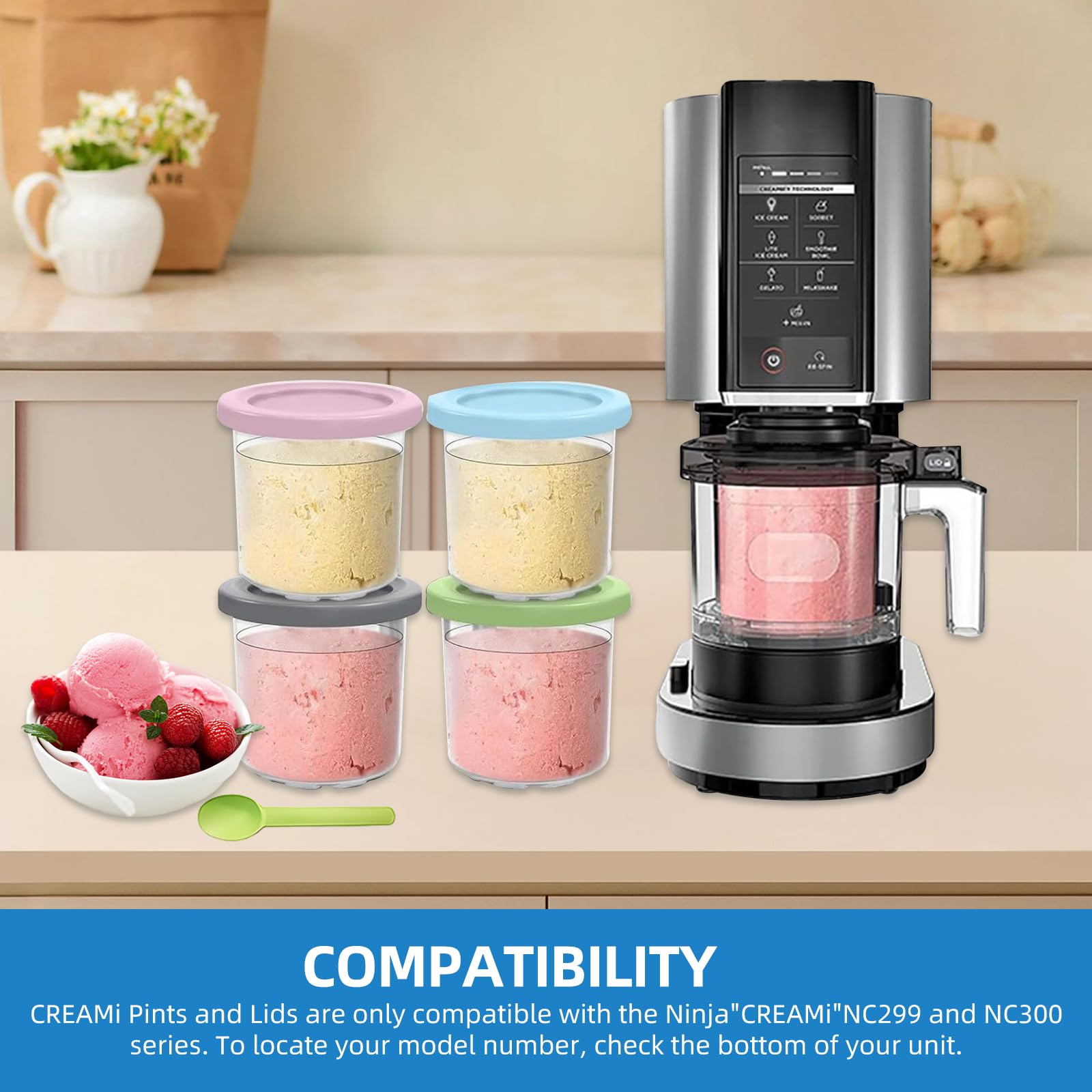 Generic Containers Replacement for Ninja Creami Pints and Lids, 4 Pack Ice Cream Containers with Colorful Lids, Compatible with NC299AMZ & NC300s Series Ice Cream Maker, BPA-Free, Dishwasher Safe