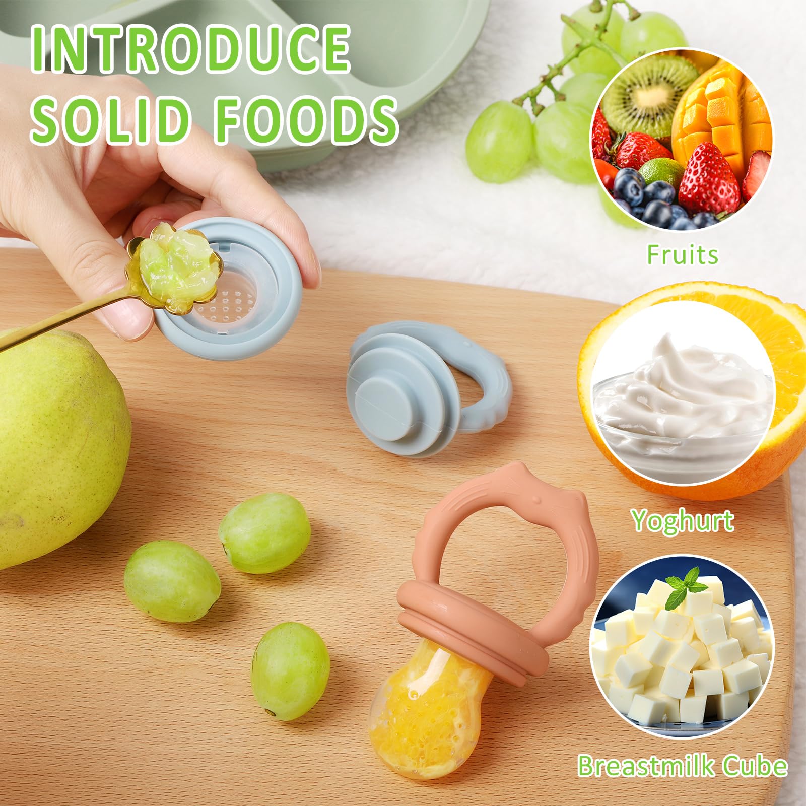 Eoopoon Silicone Baby Fruit Food Feeder Pacifier & Baby Food Freezer Tray Combo, Breast Milk Popsicle Freezer Molds Teether Toy for Babies 4-6, 12 Months, Baby Food Storage Containers Freezer (Lilac)