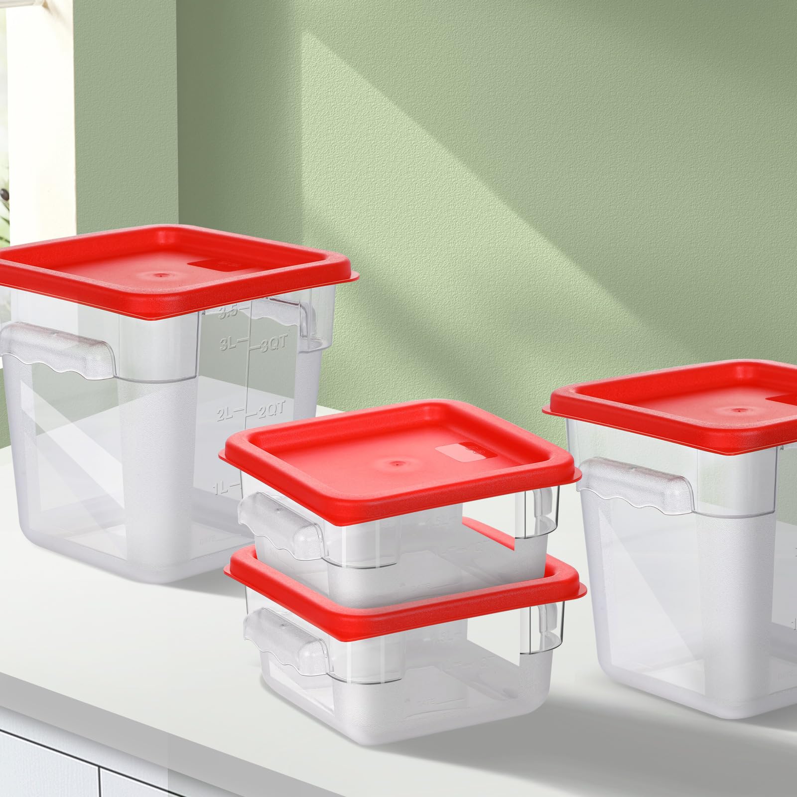 2 Pcs Food Storage Container with Lids Set - 2qt and 4qt Square Clear Food Container with Scales Handles, Commercial Food Storage for Home Kitchen Restaurant Food Storage, Dough Marinating Meat (Red)