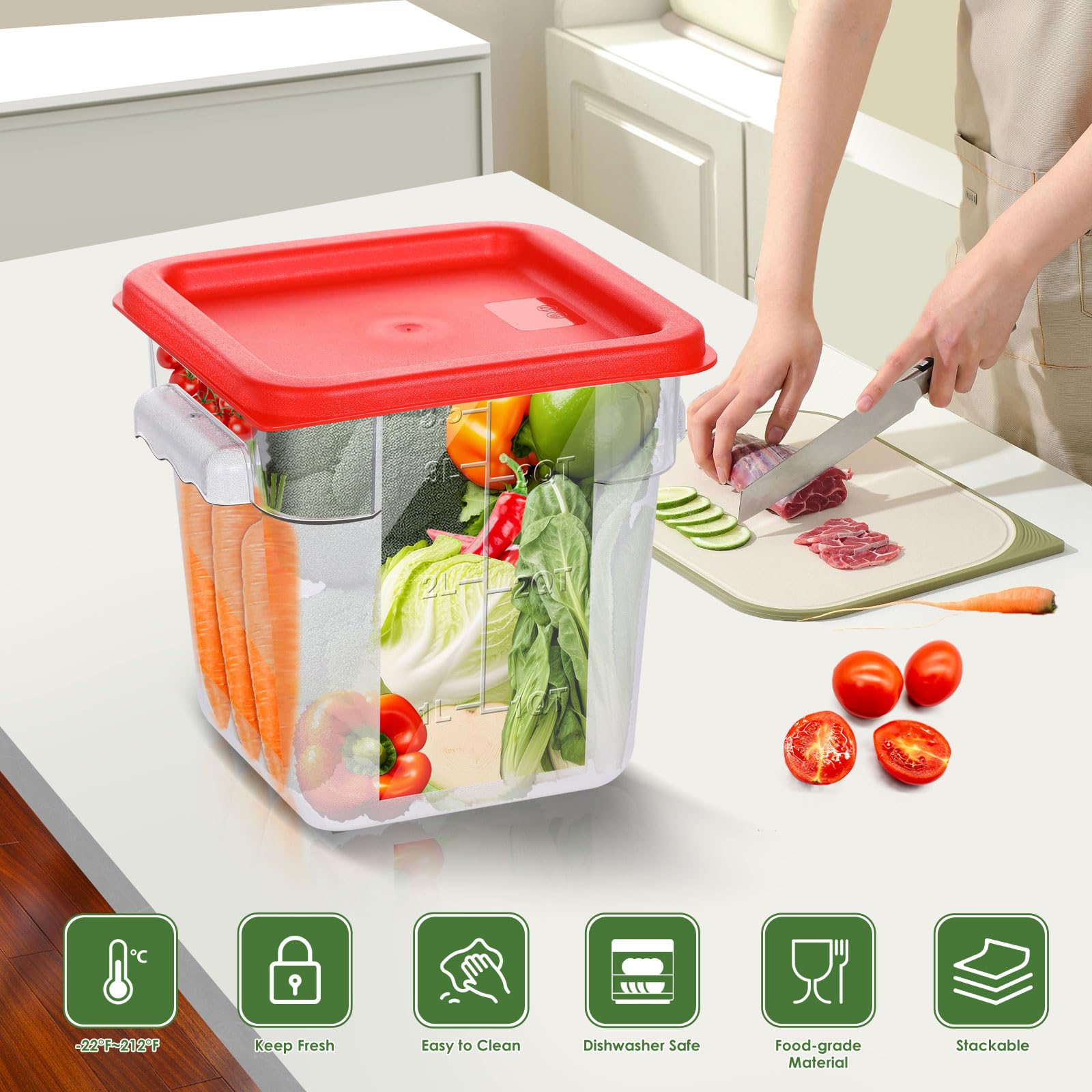 2 Pcs Food Storage Container with Lids Set - 2qt and 4qt Square Clear Food Container with Scales Handles, Commercial Food Storage for Home Kitchen Restaurant Food Storage, Dough Marinating Meat (Red)