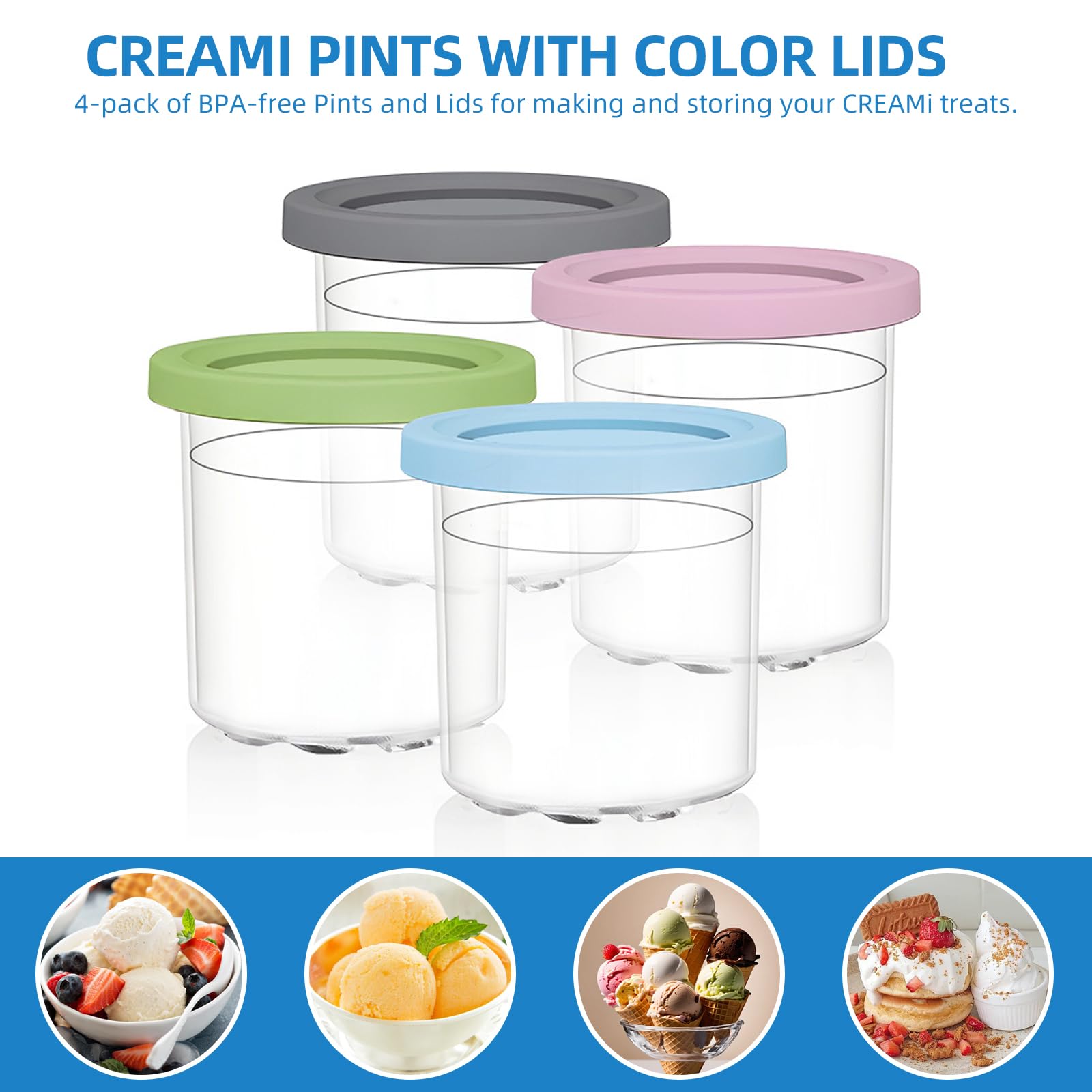 Generic Containers Replacement for Ninja Creami Pints and Lids, 4 Pack Ice Cream Containers with Colorful Lids, Compatible with NC299AMZ & NC300s Series Ice Cream Maker, BPA-Free, Dishwasher Safe