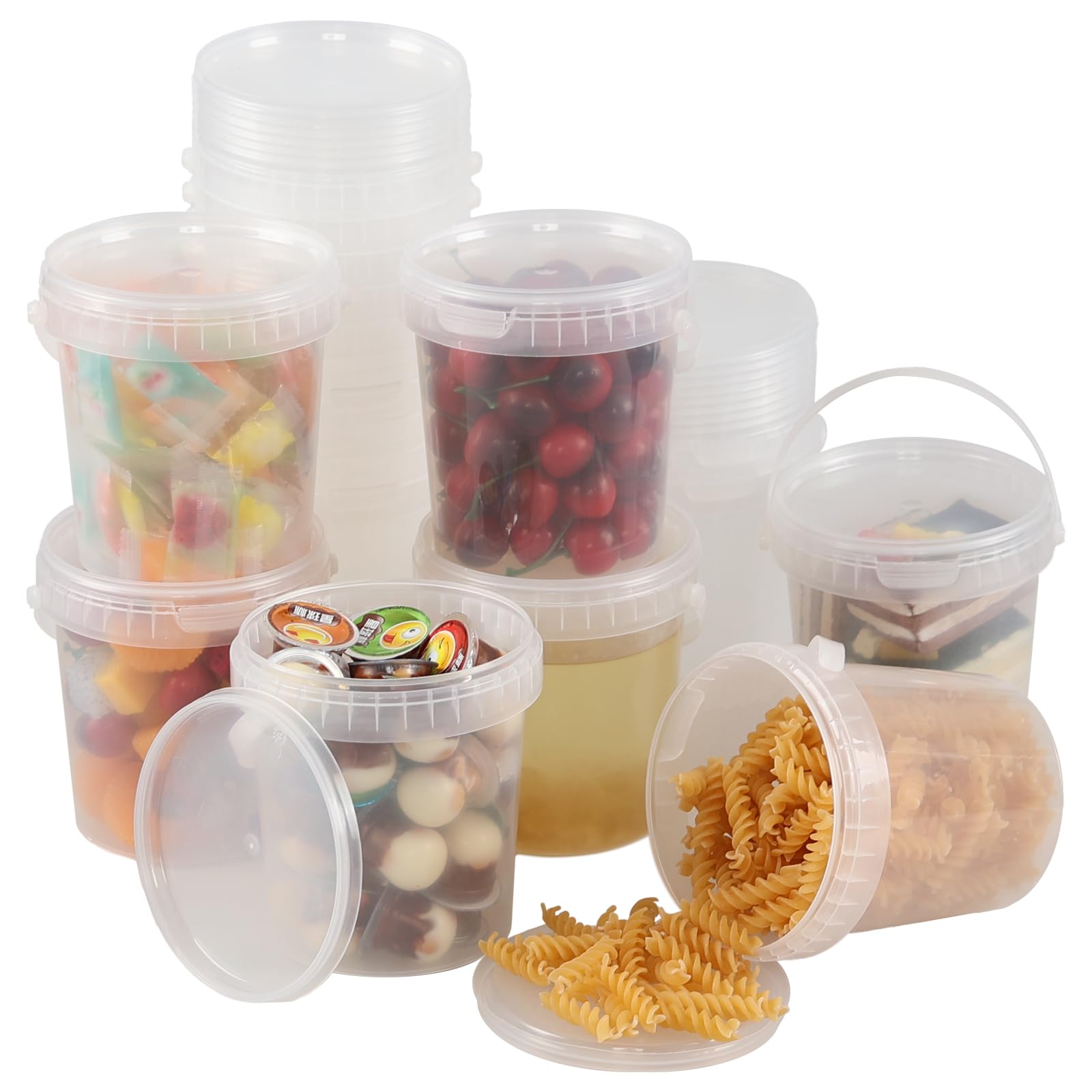 Cinkyou 20 Packs Clear Plastic Ice Cream Buckets with Lids and Handles, 27 Oz Reusable Food Take out Pail, Freezer Storage Containers with Lids