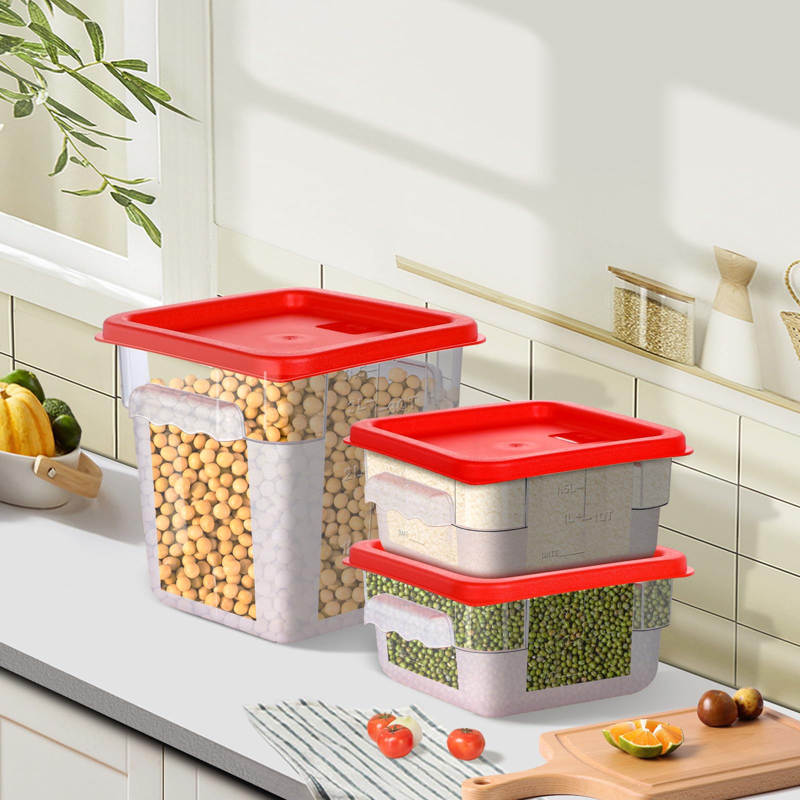 2 Pcs Food Storage Container with Lids Set - 2qt and 4qt Square Clear Food Container with Scales Handles, Commercial Food Storage for Home Kitchen Restaurant Food Storage, Dough Marinating Meat (Red)