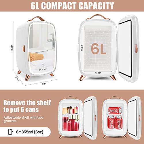KFO Portable Mirrored Beauty Fridge With LED Lighting,6 Liter Portable Mini Fridge for Makeup, 4 Liter/6 Can 3 LED Mirror Light Mode,for Makeup Storag