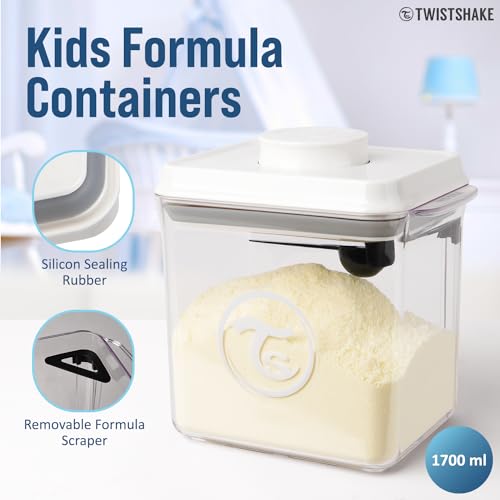 TWISTSHAKE Milk Powder Storage Container with Spoon 1700 ml - Sealed Milk Powder Dispenser with Airtight Lid - One-Handed Operation - BPA Free - White