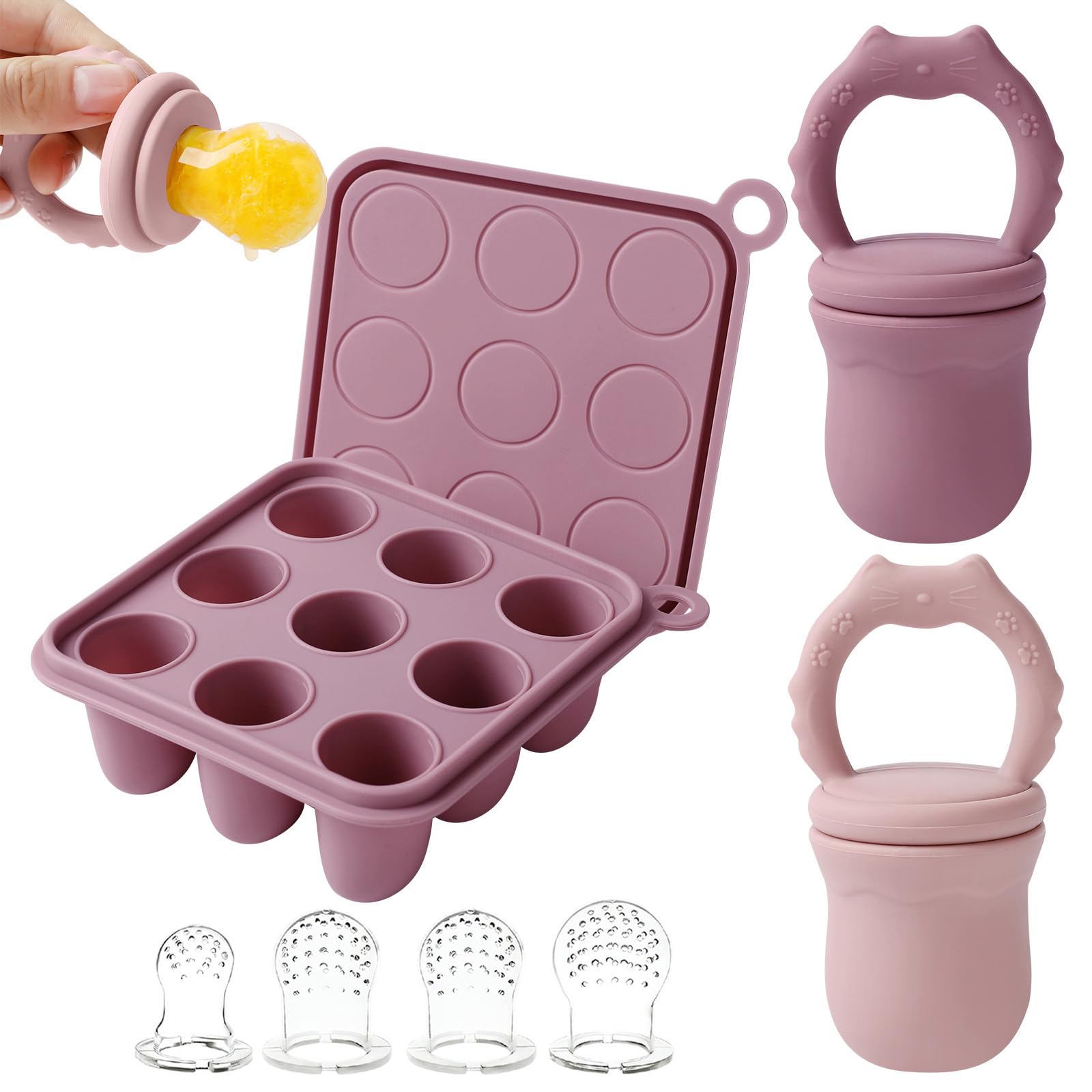 Eoopoon Silicone Baby Fruit Food Feeder Pacifier & Baby Food Freezer Tray Combo, Breast Milk Popsicle Freezer Molds Teether Toy for Babies 4-6, 12 Months, Baby Food Storage Containers Freezer (Lilac)