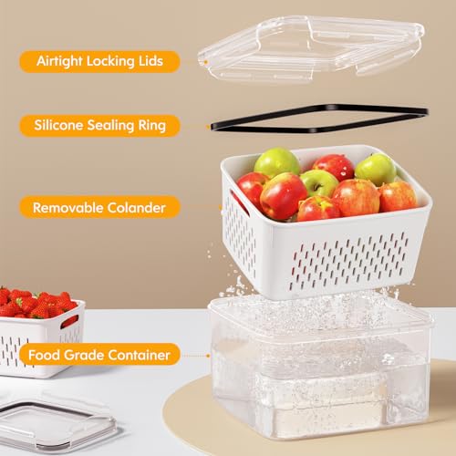 6 Pack Fruit Storage Containers for Fridge with Removable Colanders, BPA Free Food Storage Fridge Organizer, Dishwasher Safe Produce Containers Keep Fruits, Vegetables, Berry, Meat Fresh Longer