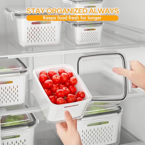 6 Pack Fruit Storage Containers for Fridge with Removable Colanders, BPA Free Food Storage Fridge Organizer, Dishwasher Safe Produce Containers Keep Fruits, Vegetables, Berry, Meat Fresh Longer