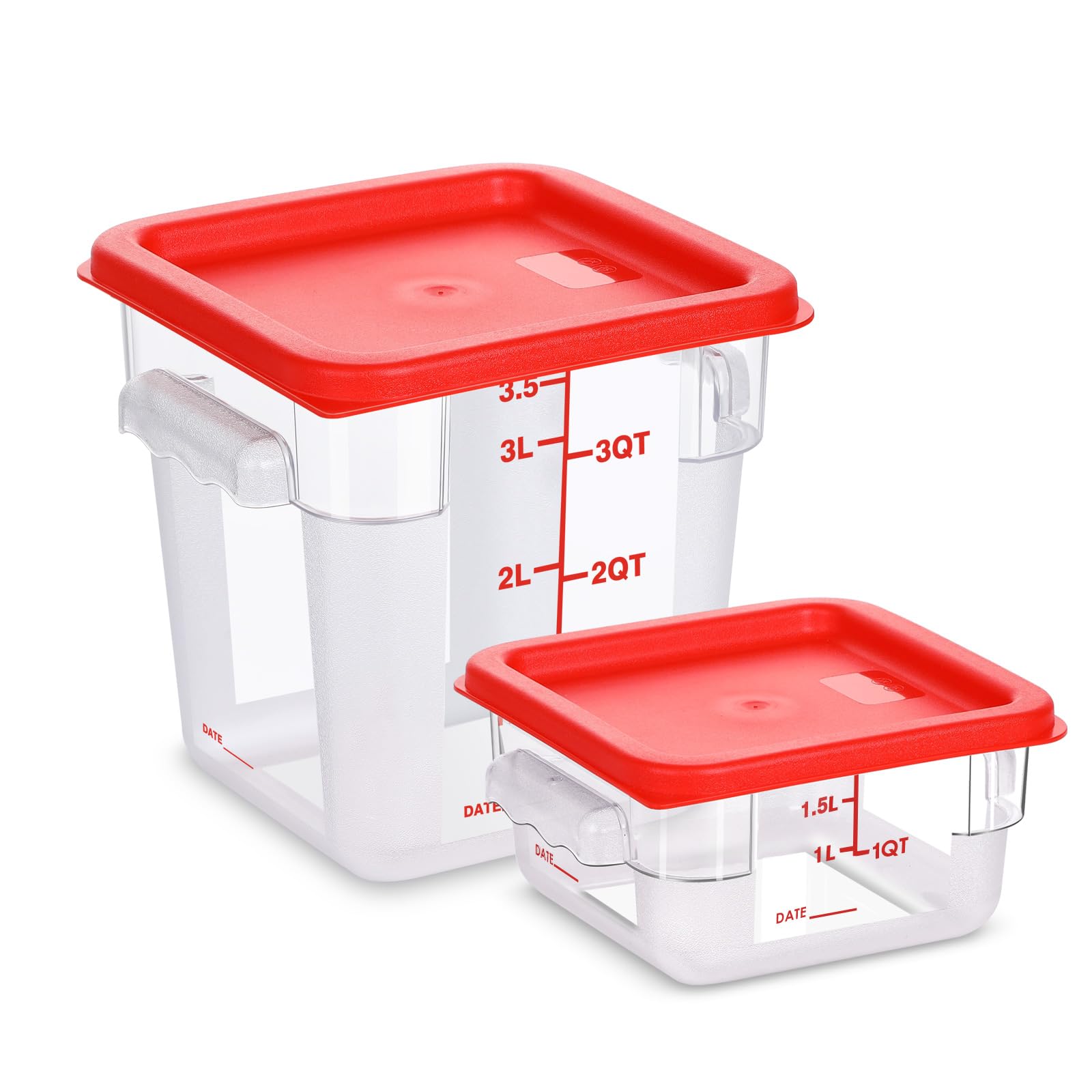 2 Pcs Food Storage Container with Lids Set - 2qt and 4qt Square Clear Food Container with Scales Handles, Commercial Food Storage for Home Kitchen Restaurant Food Storage, Dough Marinating Meat (Red)