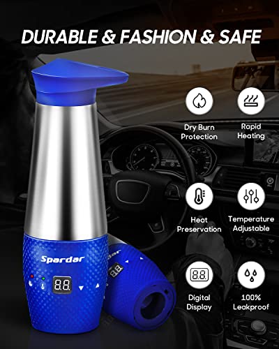 Car Kettle 12V, Portable Car Kettle Water Boiler with Temperature Control, Stainless Steel Inner, Quick Boiling, Auto Shut-Off, Leak Proof and Boil-Dry Protection, 348ml