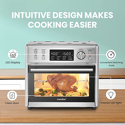 COMFEE' 12-in-1 Toaster Oven Air Fryer Combo Countertop 6 Slice 12’’ Pizza, Convection Toaster Oven with Rotisserie, Precise Temperature Control 26.4 QT Large Capacity, Stainless Steel