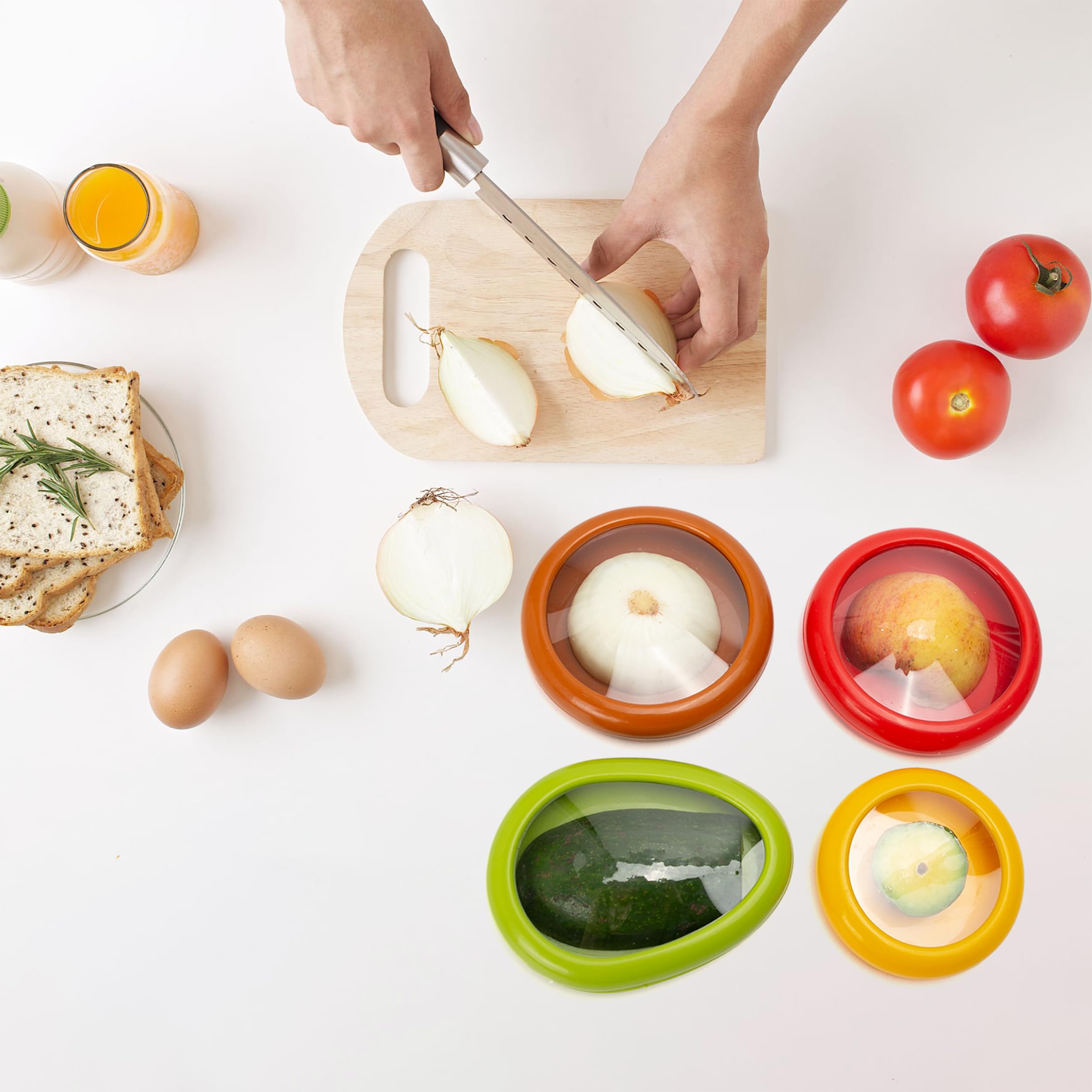 4 Pieces Set Avocado Saver, Onion Silicone Storage, Half Cut Fruit Containers - Reusable Kitchen Gadgets for Fridge - Food Huggers for Cheese, Vegetable, Tomato Holder, Lemon Fresh Stretch Pods Keeper