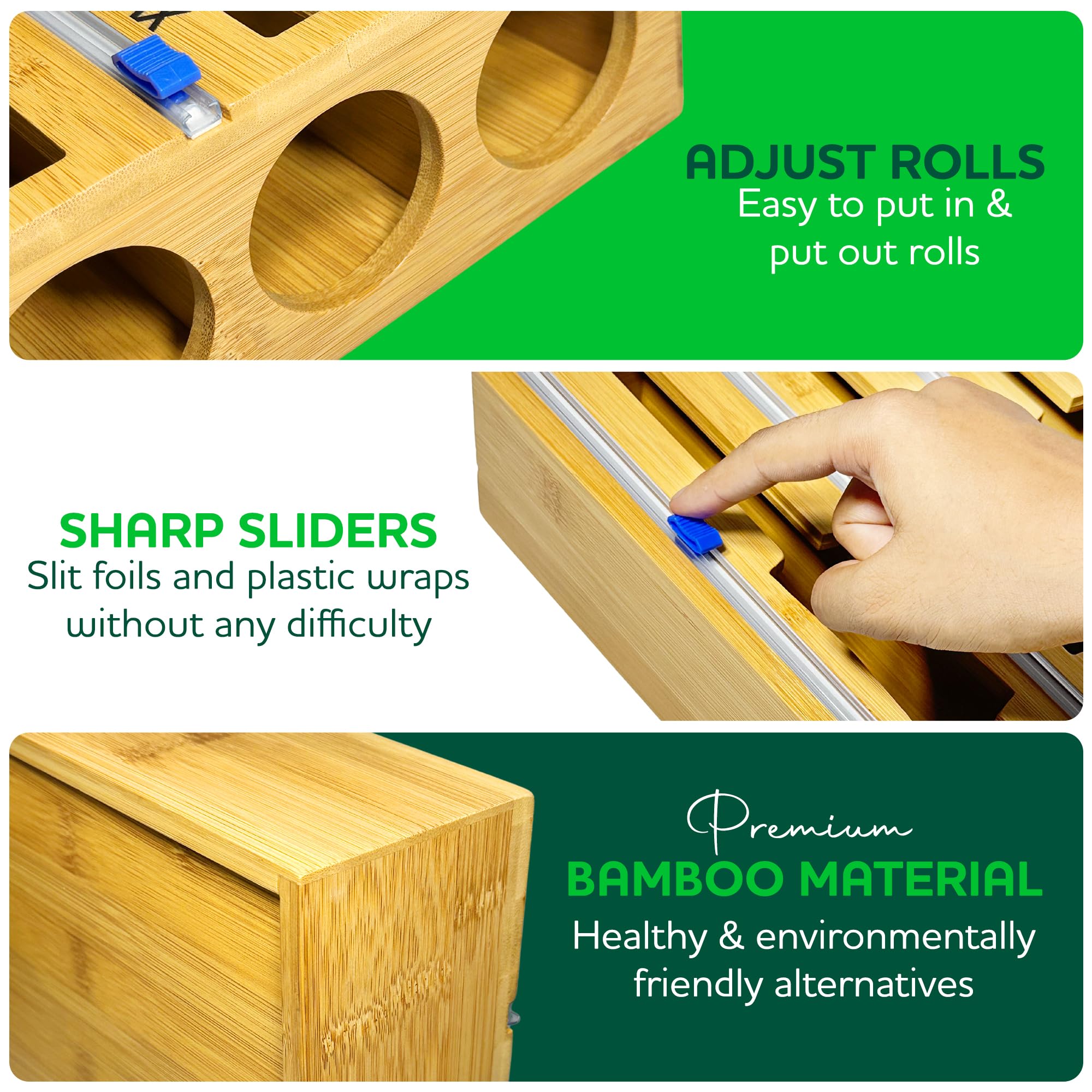 Bamboo Zip Lock Bag Kitchen Drawer Organizer - 9-in-1 Wrap Dispense with Cutter, Compatible with Gallon, Quart, Sandwich, and Snack Bags