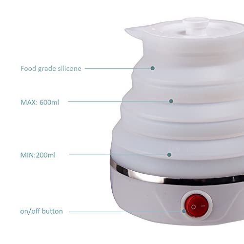 T-magitic Travel Kettle, Fordable Electric kettle, Collapsible Kettle Dual Voltage,boil water, with make tea coffee,Food Grade Silicone Small Electric Kettle(600ML,110V/220V ) (White)